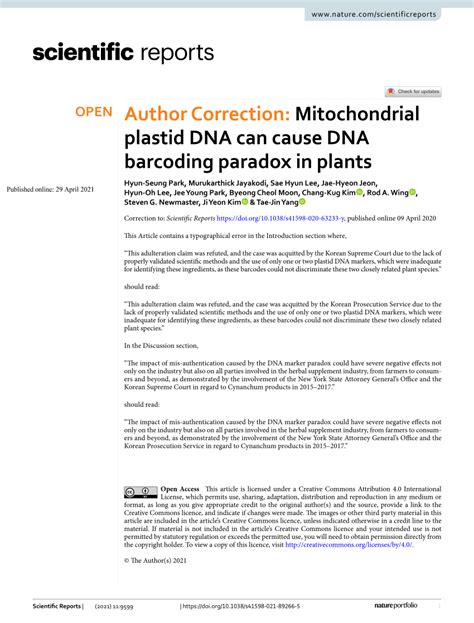 Pdf Author Correction Mitochondrial Plastid Dna Can Cause Dna Barcoding Paradox In Plants