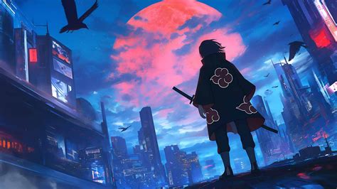 Naruto Itachi Red Moon City Desktop Wallpaper Naruto Wallpaper