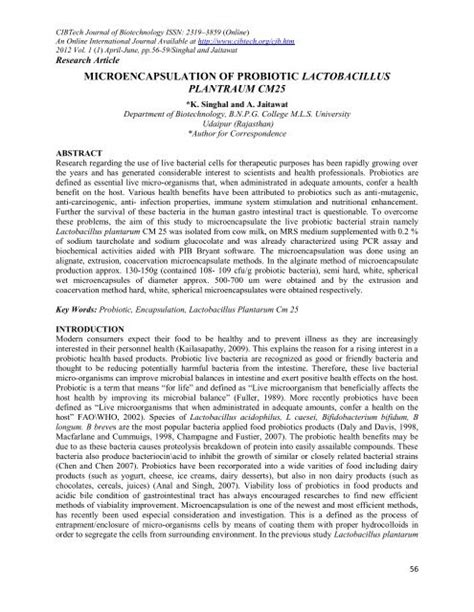 Microencapsulation Of Probiotic Lactobacillus Plantraum Cibtech
