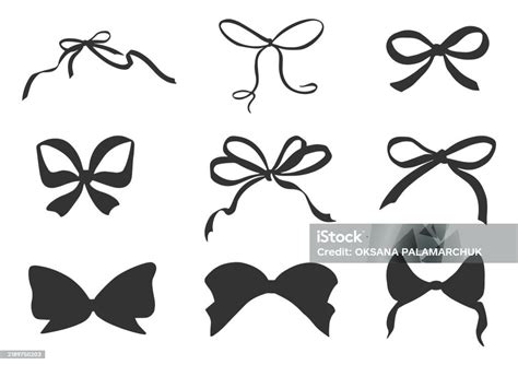 실크 리본으로 묶인 리본 축제 테이프 세트입니다 벡터 그래픽 일러스트 레이 션 실루엣 아이콘입니다 의류를 위한 휴일 장식 카드 요괴 선물 여자 장식 발렌타인 데이에 대 한