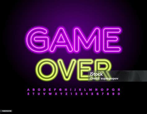 벡터 다채로운 엠블럼 게임 오버 네온 알파벳 문자와 숫자 세트 Brand Name Video Game에 대한 스톡 벡터 아트 및