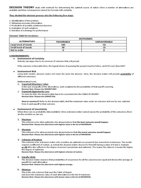 Decision Theory Outcomes Favorable Unfavorable Pdf Mathematical And Quantitative Methods