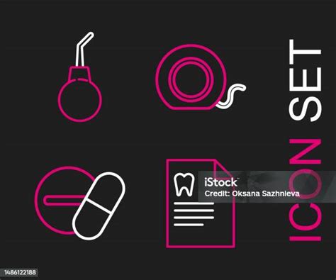 치과 카드 약 알약 또는 태블릿 치실 및 관장 배 아이콘으로 라인 클립 보드를 설정합니다 벡터 건강 진단에 대한 스톡 벡터 아트 및 기타 이미지 Istock