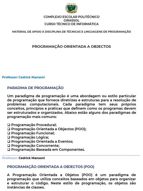 Técnicas E Linguagens De Programação 11 Poo Pdf Classe