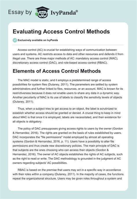 Evaluating Access Control Methods 1147 Words Report Example