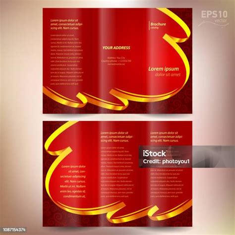 브로셔 디자인 서식 파일 벡터 폴더 전단지 리본 요소 밴드 웨이브 색상 노란 골드 리본 빨강 갈색 배경 3단 브로슈어에 대한 스톡 벡터 아트 및 기타 이미지 Istock