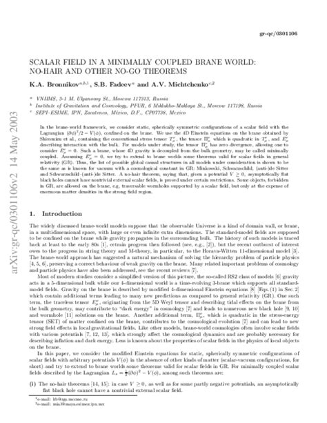 Pdf Scalar Field In A Minimally Coupled Brane World No Hair And Other No Go Theorems