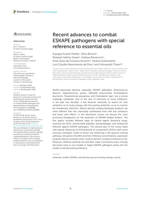 Pdf Recent Advances To Combat Eskape Pathogens With Special Reference