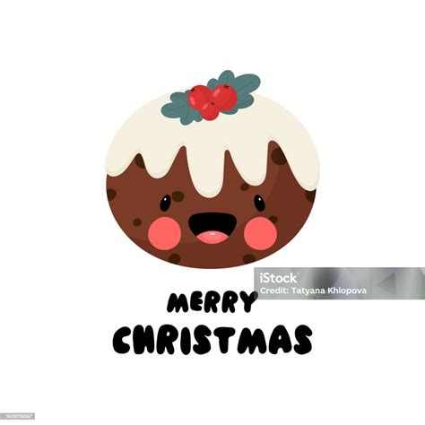 만화 크리스마스 푸딩과 인사말 카드 벡터 일러스트 레이 션은 흰색 배경입니다 카드 포스터 배너 팩에 인쇄 옷 직물 벽지에 인쇄 탁자에 대한 스톡 벡터 아트 및 기타 이미지