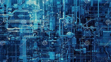 Abstract Blue Metallic Structure With Interconnected Pipes And Wires