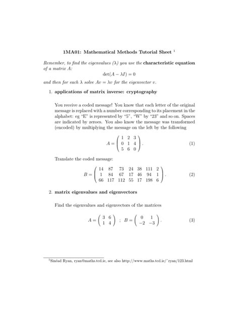 1ma01 Mathematical Methods Tutorial Sheet