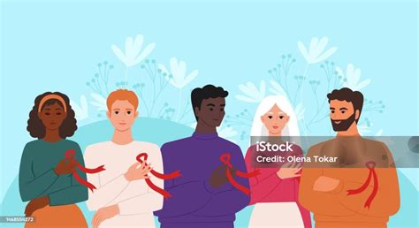 세계 에이즈의 날 Hiv와의 싸움의 상징 인 빨간 리본을 가진 다른 국적의 사람들 벡터 그림 에이즈바이러스에 대한 스톡 벡터 아트 및 기타 이미지 Istock