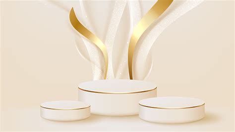 골든 커브 라인 씬이 돋보이는 현실적인 화이트 디스플레이 스탠드 프로모션 판매 및 마케팅을 위한 제품을 보여주는 연단 럭셔리 스타일 배경 3d 벡터 그림입니다 3차원 형태에