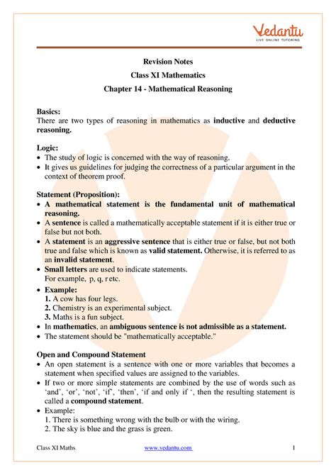 Class 11 Revision Notes Mathematical Reasoning Revision Notes Class