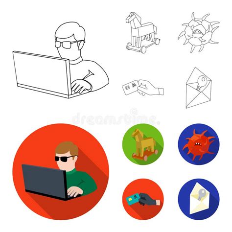 Hacker Hacking System Internet Hackers And Hacking Set Collection Icons In Outline Flat