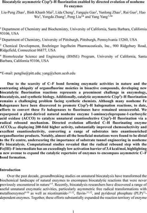 Biocatalytic Enantioselective Csp3h Fluorination Enabled By Directed Evolution Of Nonheme Fe