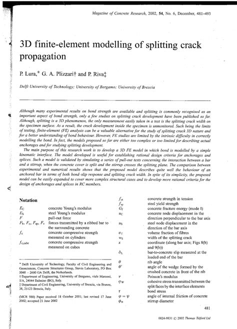 Pdf 3d Finite Element Modelling Of Splitting Crack Propagation