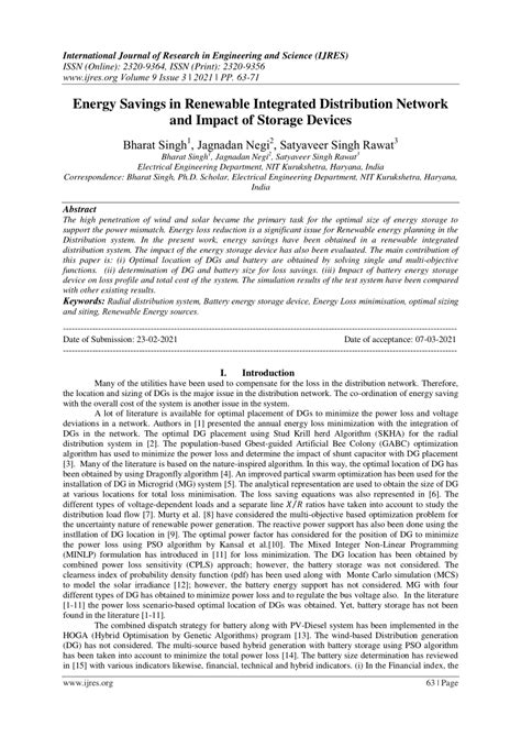 Pdf Energy Savings In Renewable Integrated Distribution Network And Impact Of Storage Devices