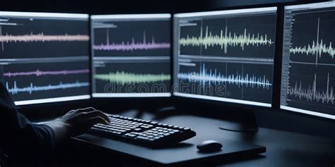 A Person Analyzing Real Time Data Across Multiple Screens In A Dark Room Stock Illustration