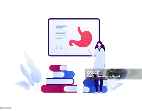 위 검사 및 위트론 개념 벡터 플랫 피플 일러스트레이션 소화 시스템 보드 및 플립 차트 기호 포인터를 들고 여성 의사 건강 관리