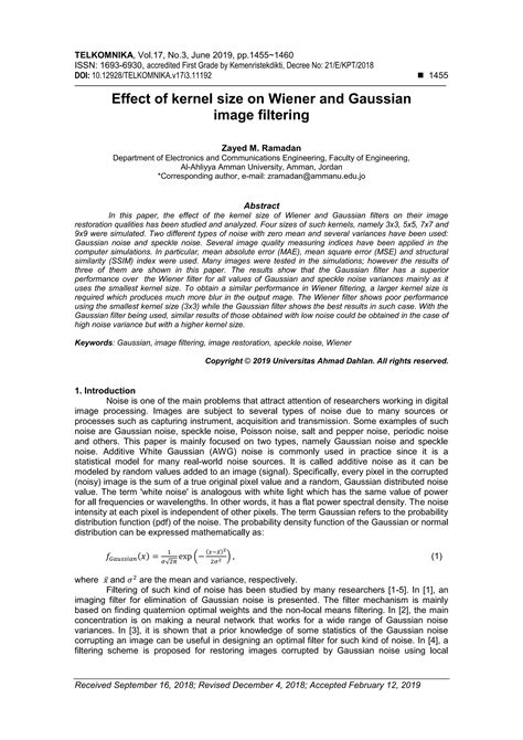 Effect Of Kernel Size On Wiener And Gaussian Image Filtering Pdf