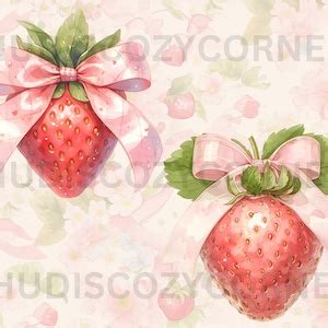 Coquette Strawberry Bow Clipart Bundle Watercolor Cute Pastel Pink Bow Sublimation
