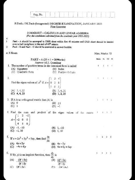 1st Semester Cse Sample Paper Pdf Mathematical Concepts