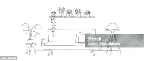 화분에 심은 식물과 바닥 램프와 소파와 벽 선반의 연속 한 줄 그리기 심플한 선형 스타일의 현대적인 스칸디나비아 가구 소파 낙서 간단한 벡터 일러스트레이션 소파에 대한 스톡