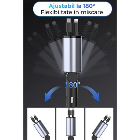 Incarcator Auto W Super Fast Charge Cablu Retractabil Type C Lightning Mufa Usb Usb C