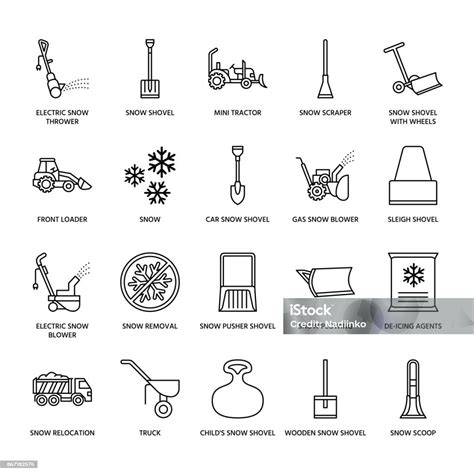 눈 제거 플랫 라인 아이콘입니다 이전 서비스 표시 얼음 추운 날씨 장비스노우 방사 기 송풍기 트럭 프런트 로더 눈 삽 벡터 일러스트 레이 션 산업 청소 기호 아이콘에 대한