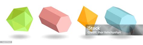 흰색 배경에 색이 있는 모양의 집합입니다 육각형 프리즘 크리스탈 및 그림자가있는 다른 모양 기하 도형에 대한 스톡 벡터 아트 및 기타 이미지 Istock