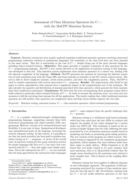 Pdf Assessment Of Class Mutation Operators For C With The Mucpp