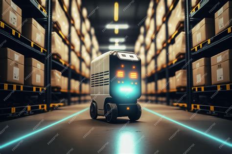 Premium Photo Future Delivery Automated Retail Warehouse Robots And Cardboard Box Delivery In