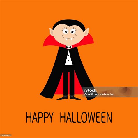 검정과 빨간 케이프를 착용 하는 드라큘라를 계산 합니다 송곳 니를 가진 귀여운 만화 뱀파이어 문자입니다 즐거운 할로윈 보내세요 평면 디자인입니다 오렌지 배경입니다 검은색에