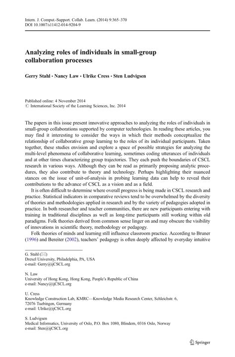 Pdf Analyzing Roles Of Individuals In Small Group Collaboration Processes