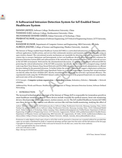 Pdf A Softwarized Intrusion Detection System For Iot Enabled Smart Healthcare System