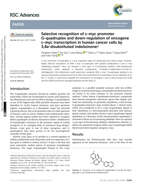 Pdf Selective Recognition Of C Myc Promoter G Quadruplex And Down Regulation Of Oncogene C Myc