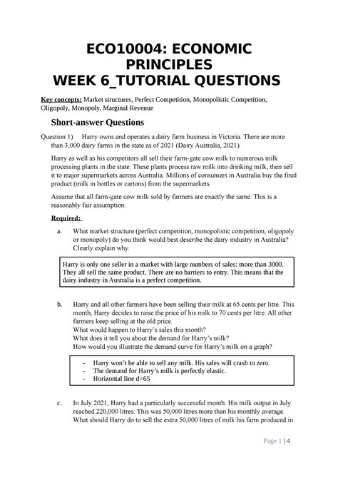 Week 6 Tutorial Questions Answered Eco10004 Economic Principles