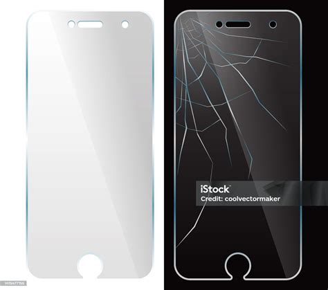 스마트 폰이나 손상된 디스플레이 유리 휴대 전화 또는 유리 커버 스크린에 현실적인 깨진 화면 보호기 필름 세트는 스마트 폰 개념을 보호합니다 Eps 벡터 장치 화면에 대한