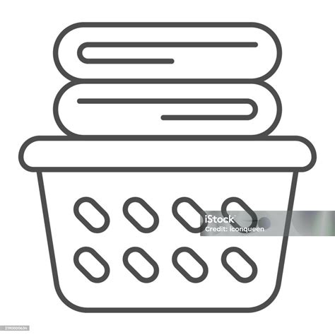 세탁 된 수건 바구니 얇은 선 아이콘 세탁 서비스 개념 벡터 그래픽 옷이 있는 플라스틱 바구니 흰색 배경에 천 기호 모바일 또는 웹 디자인용 윤곽선 스타일 아이콘 가루로
