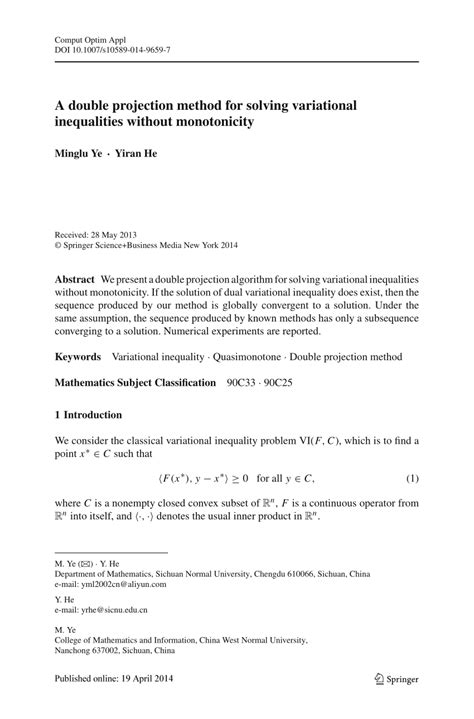 Pdf A Double Projection Method For Solving Variational Inequalities