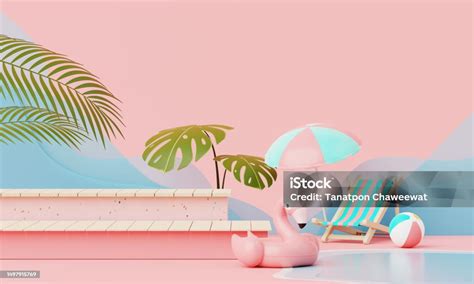여름 방학 해변 추상적인 배경 개념 여름 핑크 테마 비치 파라솔 의자 풍선 반지가 있는 제품 모형 또는 화장품을 위한 최소한의 사실적인 디스플레이 연단 3d 렌더링 여름에