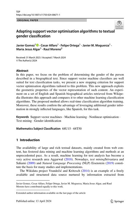 Pdf Adapting Support Vector Optimisation Algorithms To Textual Gender