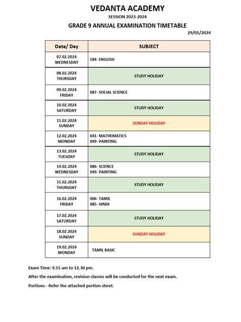 Grade 9 Annual Exam Timetable With Portions Pdf Physics Chemistry