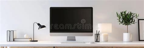 Minimalist Modern Desk With Computer And Decor Concept Of Clean And
