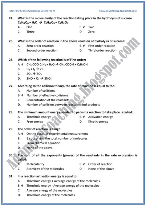Adamjee Coaching Xi Chemistry Mcqs Introduction To Chemical Kinetics
