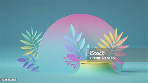 3d 렌더링 둥근 분홍색 보드와 열대 종이 잎으로 장식 된 빈 노란색 연단추상 파란색 배경 제품 프레젠테이션을 위한 현대적인