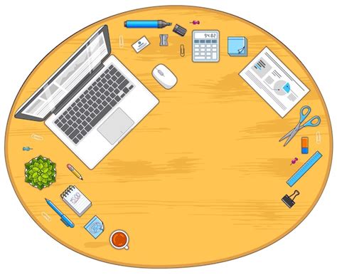 Pc 노트북 및 텍스트 복사 공간 작업을 위한 다양한 편지지 개체가 있는 목제 사무실 책상 작업 공간 상단 보기 모든 요소는 개별적으로 사용하거나 일러스트레이션을