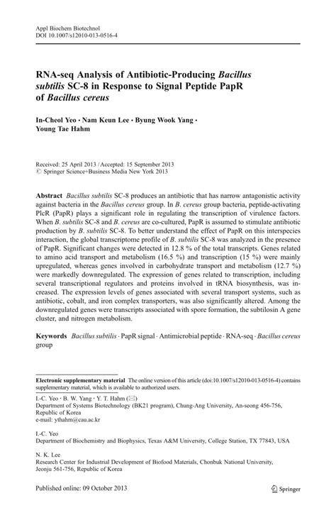 Pdf Rna Seq Analysis Of Antibiotic Producing Bacillus Subtilis Sc 8
