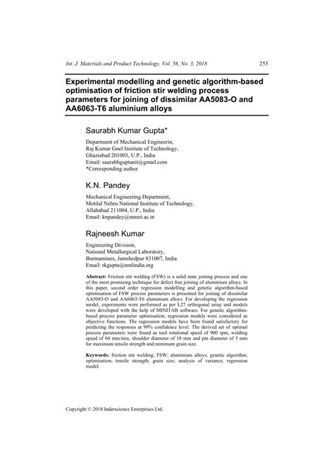 Pdf Experimental Modelling And Genetic Algorithm Based Optimisation Of Friction Stir Welding